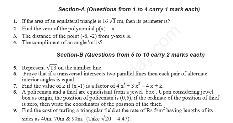 CBSE Class 9 Mathematics Revision Assignments Set H